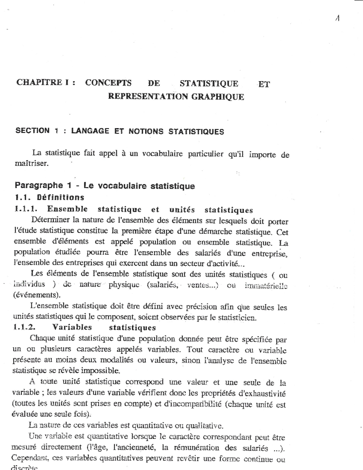 Cour initiation à la statistique descriptive - A CHAPITRE I : CONCEPTS ...