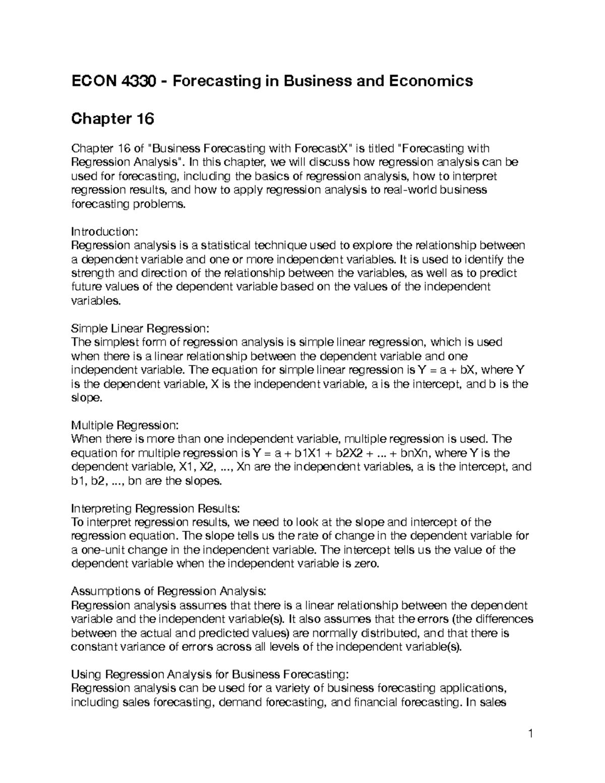 ECON 4330 - Chapter 16 - ECON 4330 - Forecasting in Business and Economics Chapter 16 Chapter 16 ...