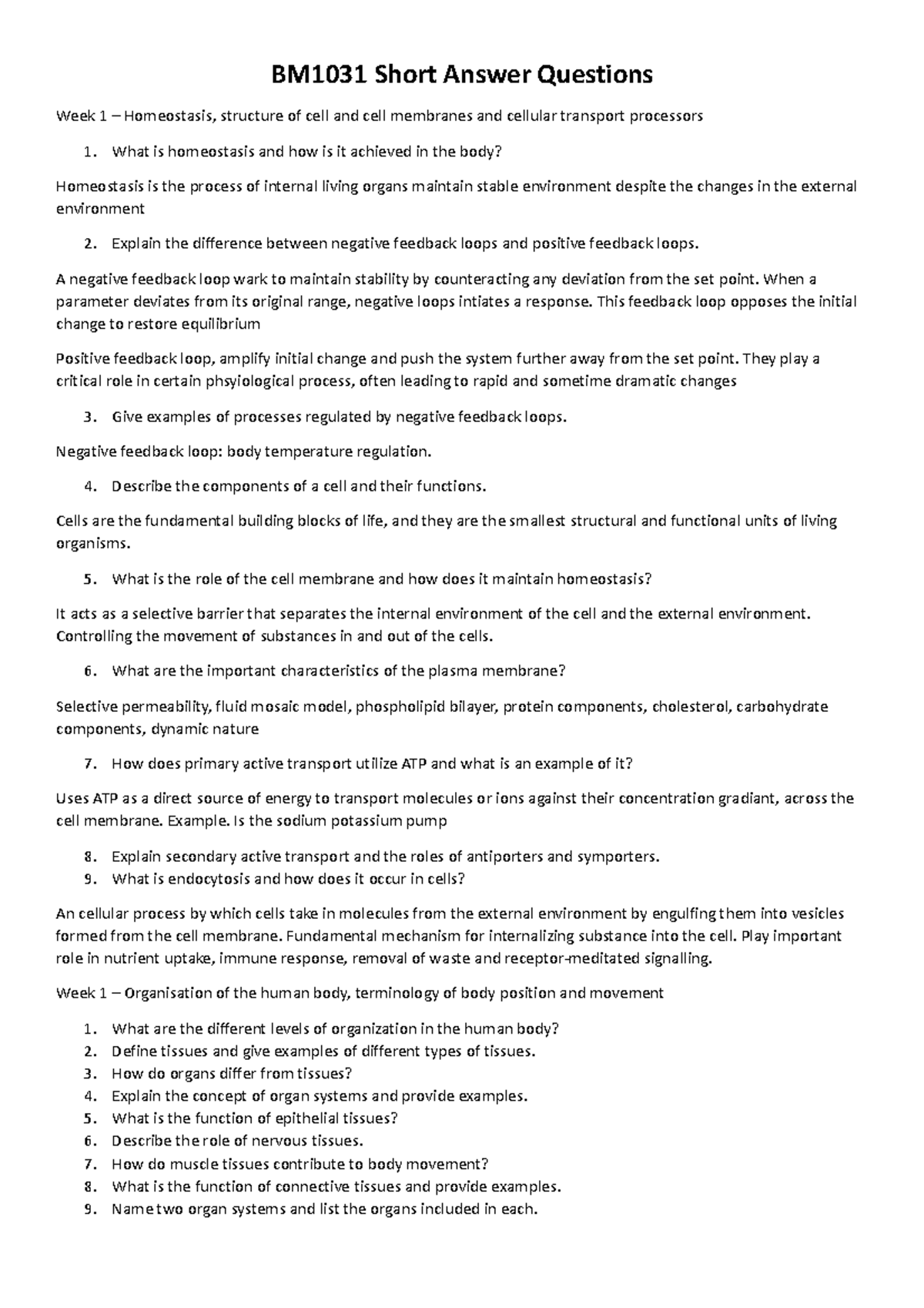 BM1031 Short Answer Questions - A negative feedback loop wark to ...