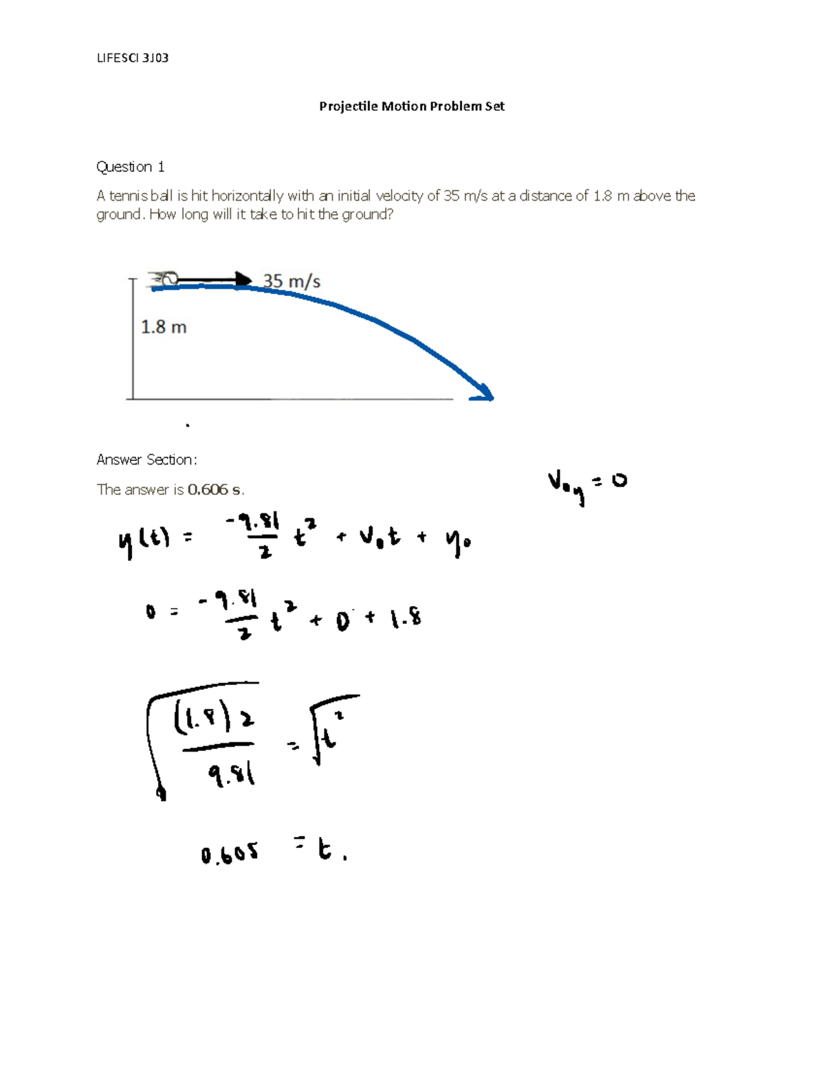 Projectile Motion - WƌŽũĞĐƟůĞ DŽƟŽŶ WƌŽďůĞŵ ^Ğƚ Question 1 A tennis ...