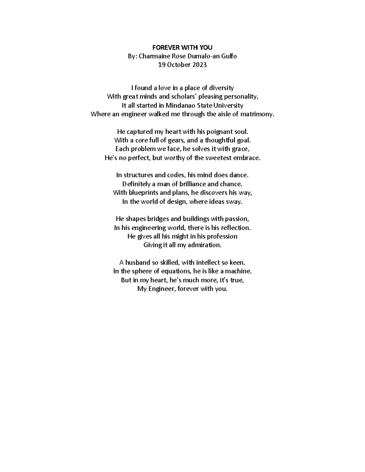 MY Engineer poem - AGSFAHSDFW - FOREVER WITH YOU By: Charmaine Rose ...