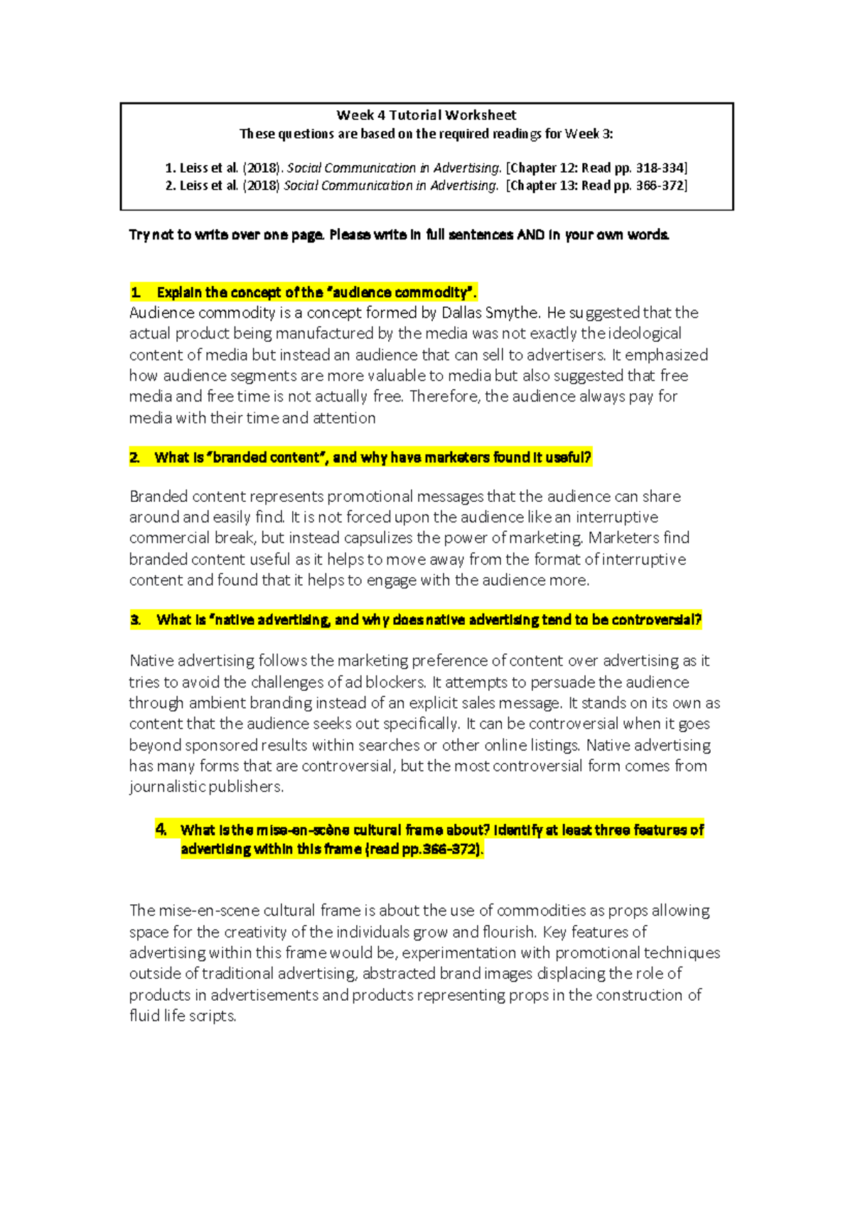 Worksheet for Week 4 Tutorial hannah houlbrooke comms 104 - Week 4 ...