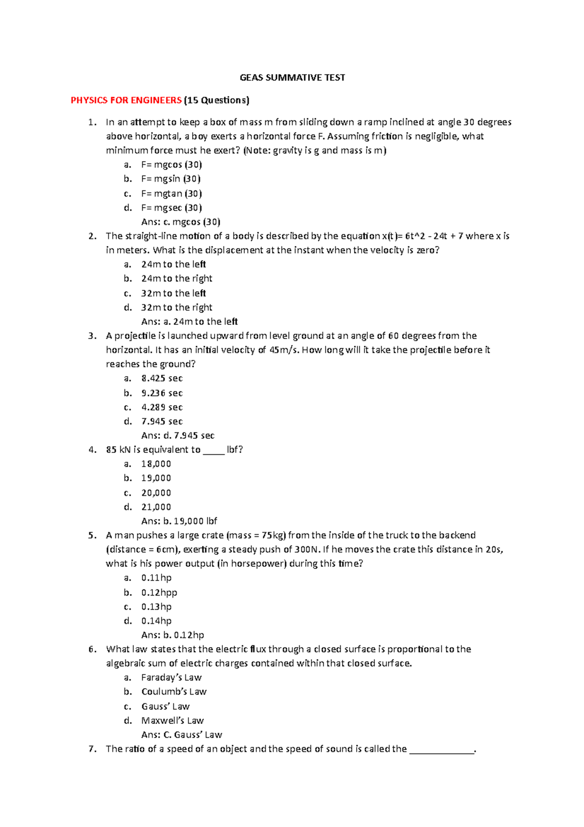 GEAS- Summative-TEST - GEAS SUMMATIVE TEST PHYSICS FOR ENGINEERS (15 ...