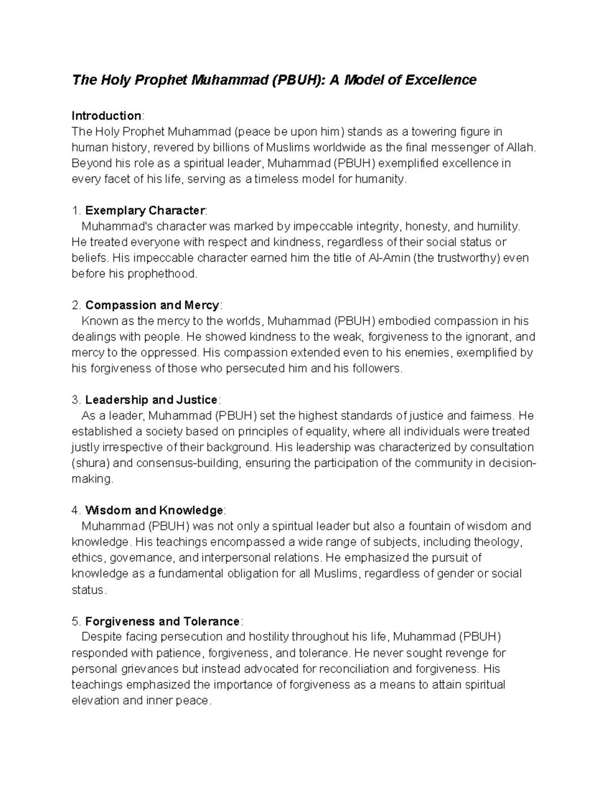 Title- The Holy Prophet Muhammad (PBUH)- A Model of Excellence - The ...