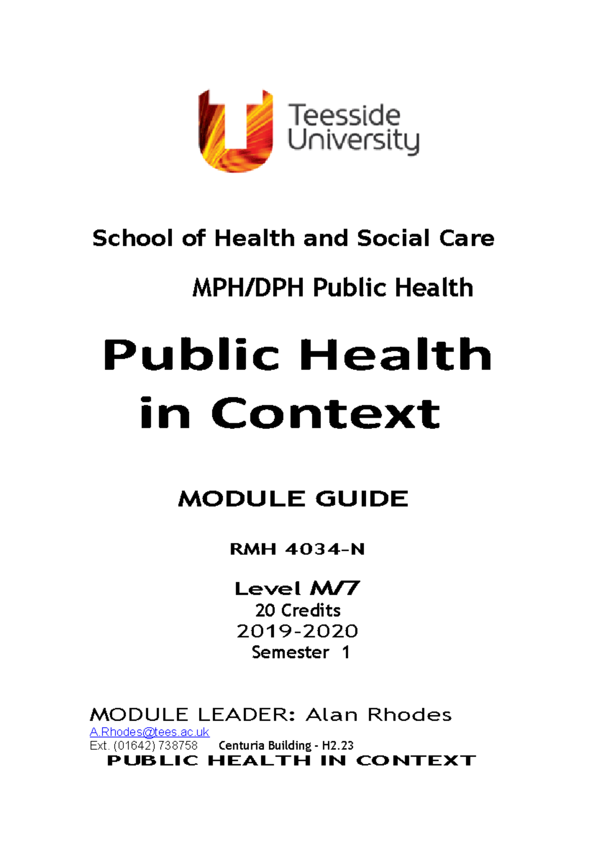RMH 4034-N Public Health in Context Sept 2019-20 - School of Health and ...