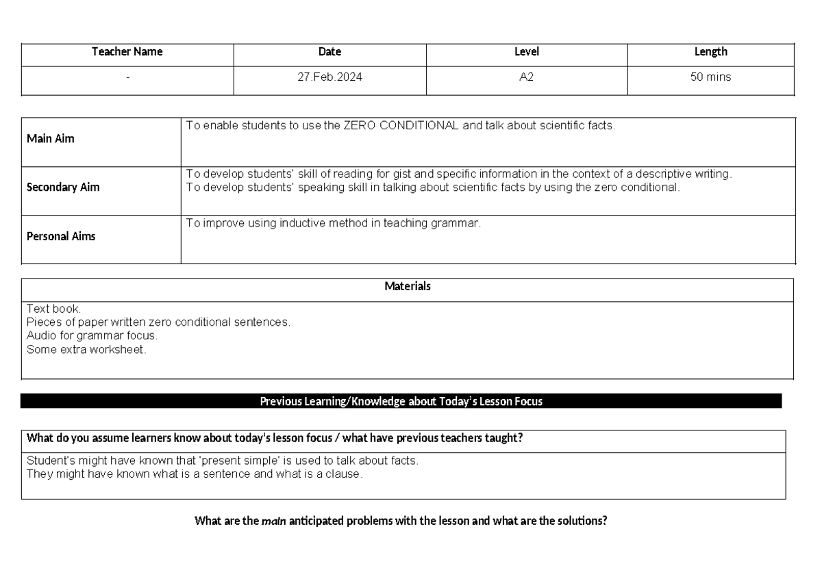 TKT m2 lesson plan PPP - Teacher Name Date Level Length - 27.Feb A2 50 ...