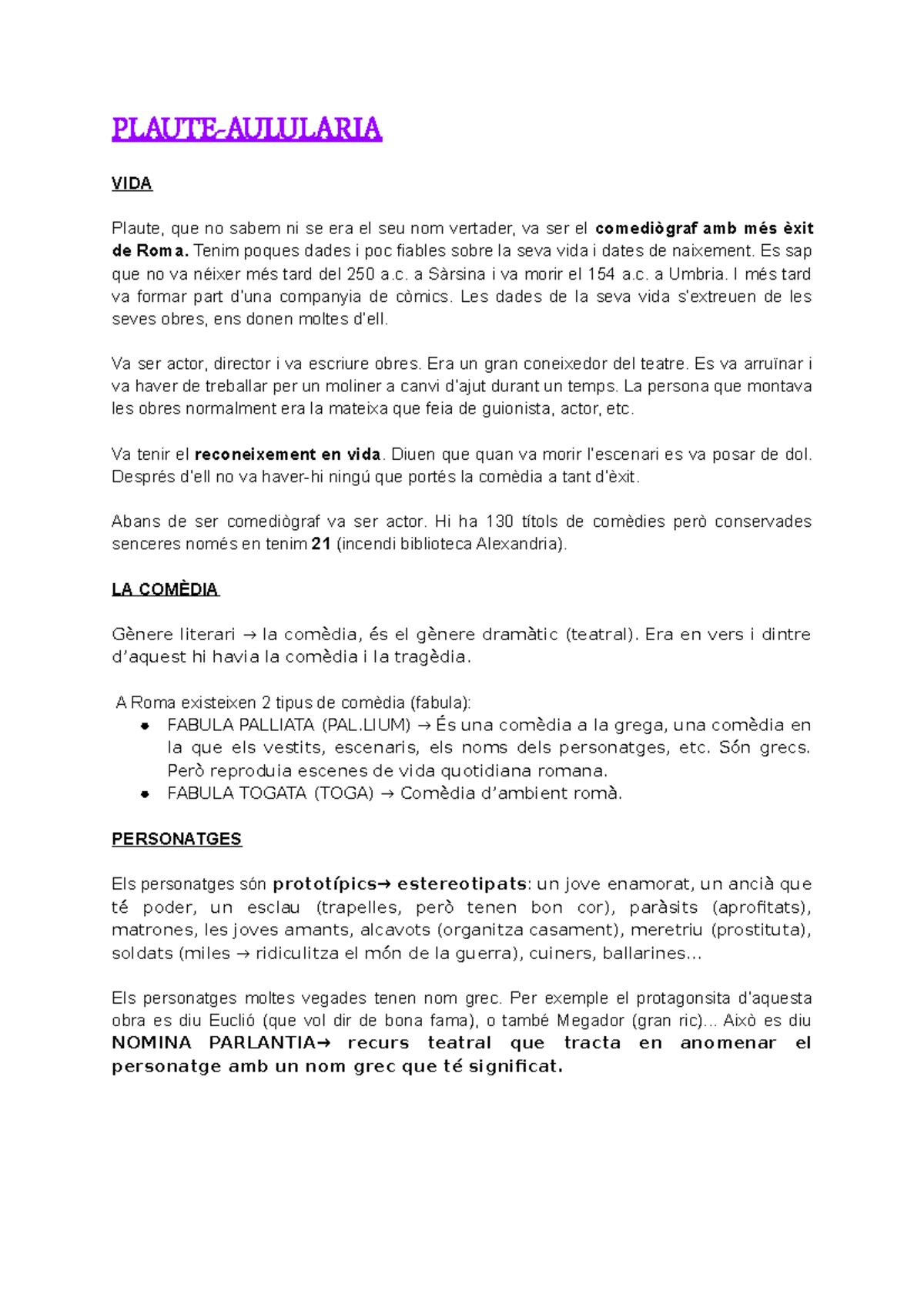 Plaute- Aulularia - PLAUTE-AULULARIA VIDA Plaute, que no sabem ni se era el seu nom vertader, va ...