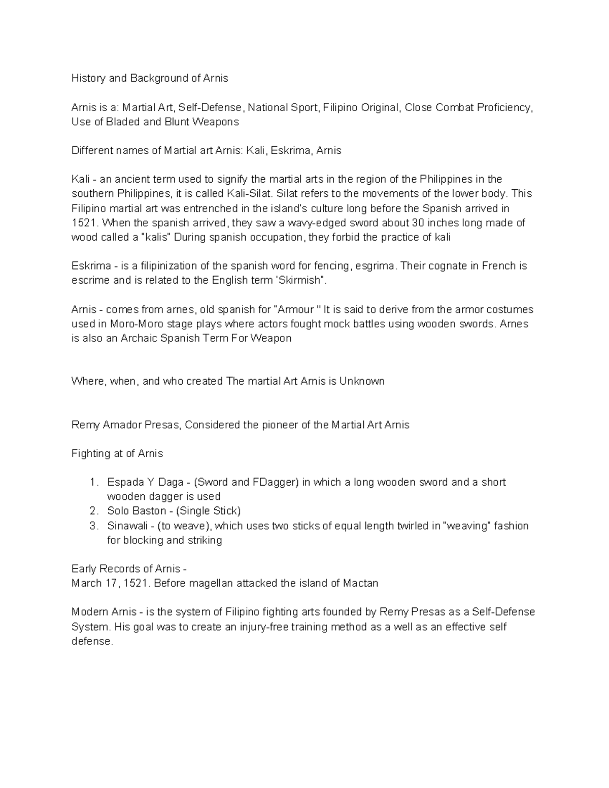 PE2 - Just some info in arnis - History and Background of Arnis Arnis ...