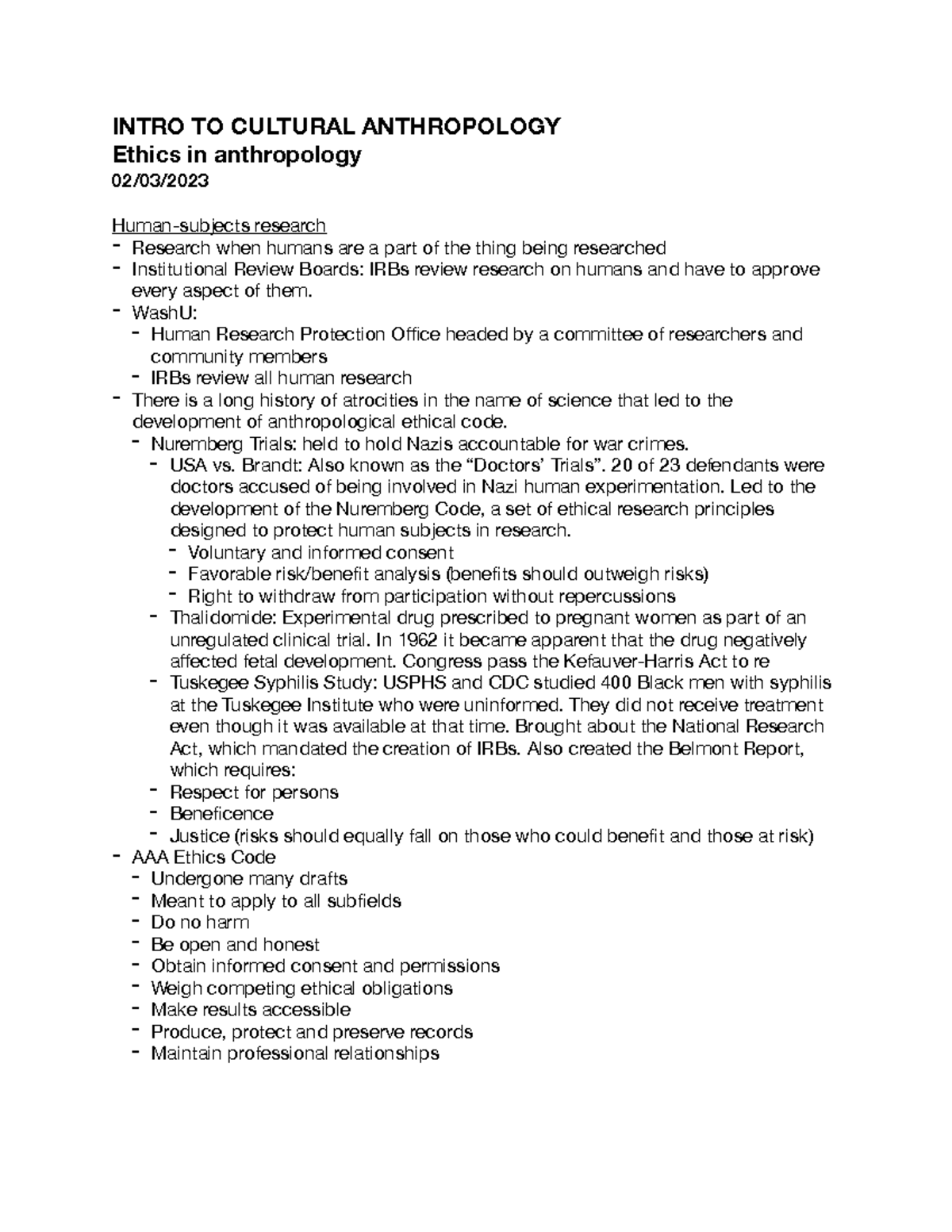 Ethics in anthropology - INTRO TO CULTURAL ANTHROPOLOGY Ethics in ...
