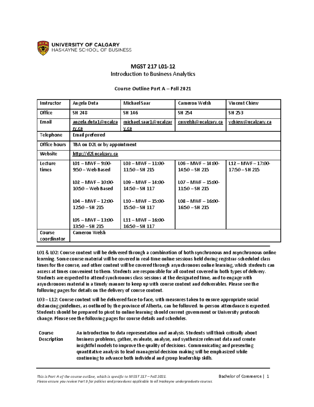 MGST 217 Course outline - mgst 217 - UCalgary - Studocu