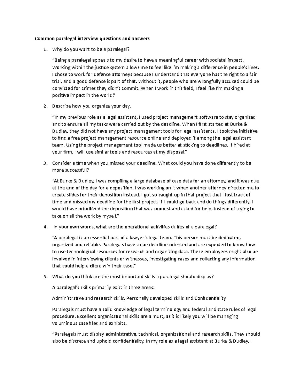 Unit 1 - Introduction to Paralegal studies - Common paralegal interview ...