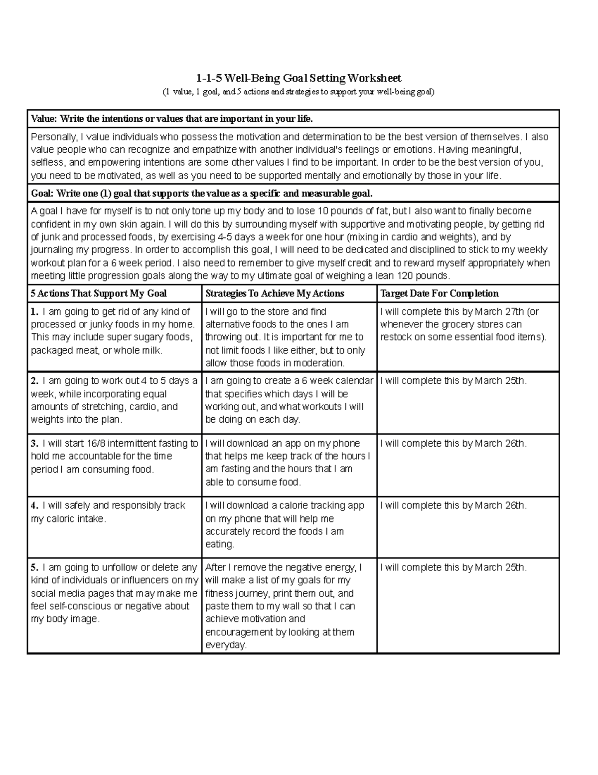 Well-Being Goal Setting Sheet - 1-1-5 Well-Being Goal Setting Worksheet ...