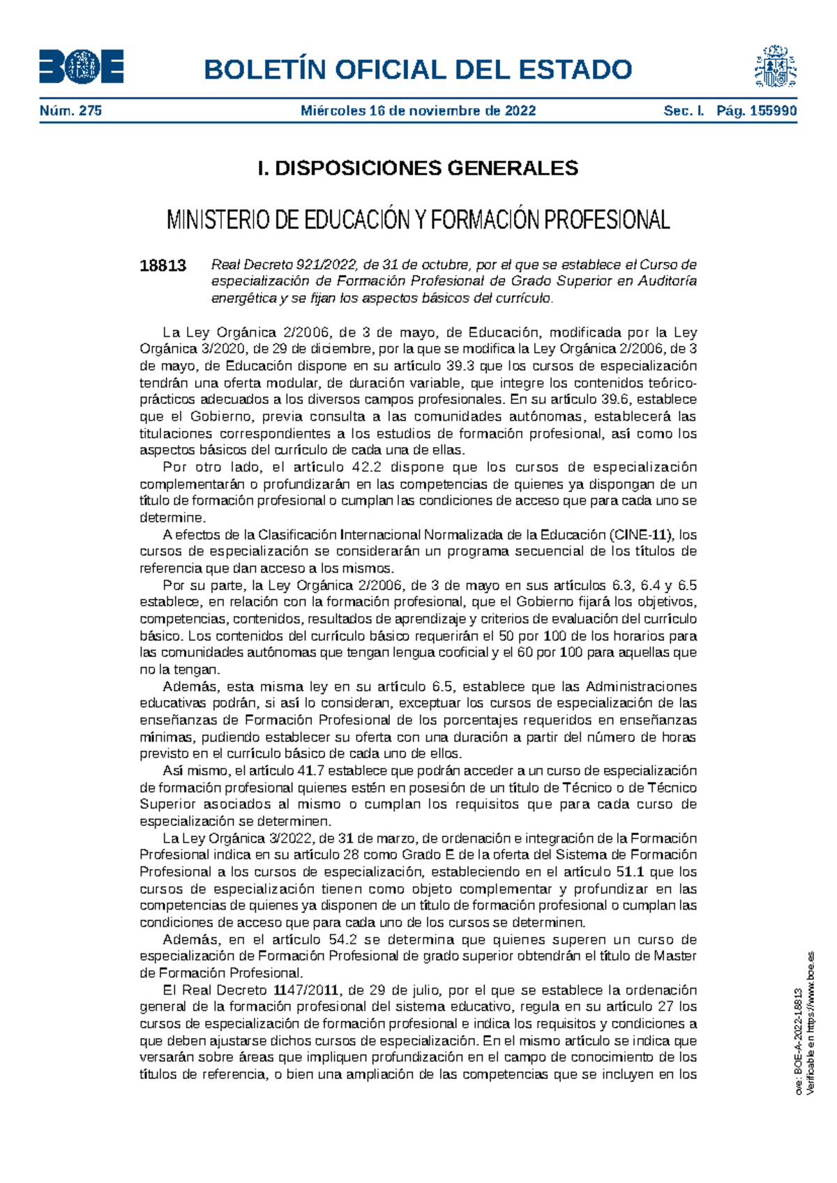BOE A 2022 18813 - Núm. 275 Miércoles 16 de noviembre de 2022 Sec. I. Pág. 155990 I ...