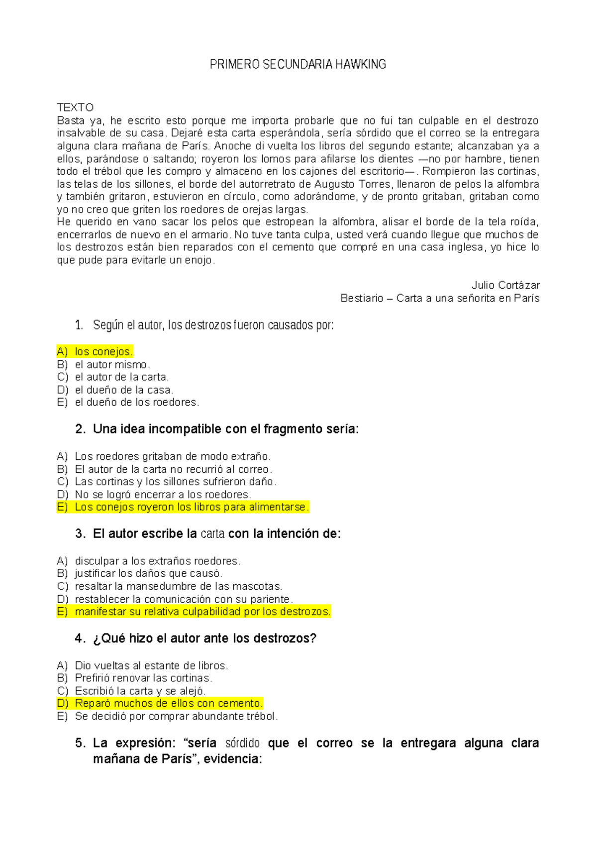 Simulacro RV 1RO SEC Hawking - PRIMERO SECUNDARIA HAWKING TEXTO Basta ya, he escrito esto porque ...