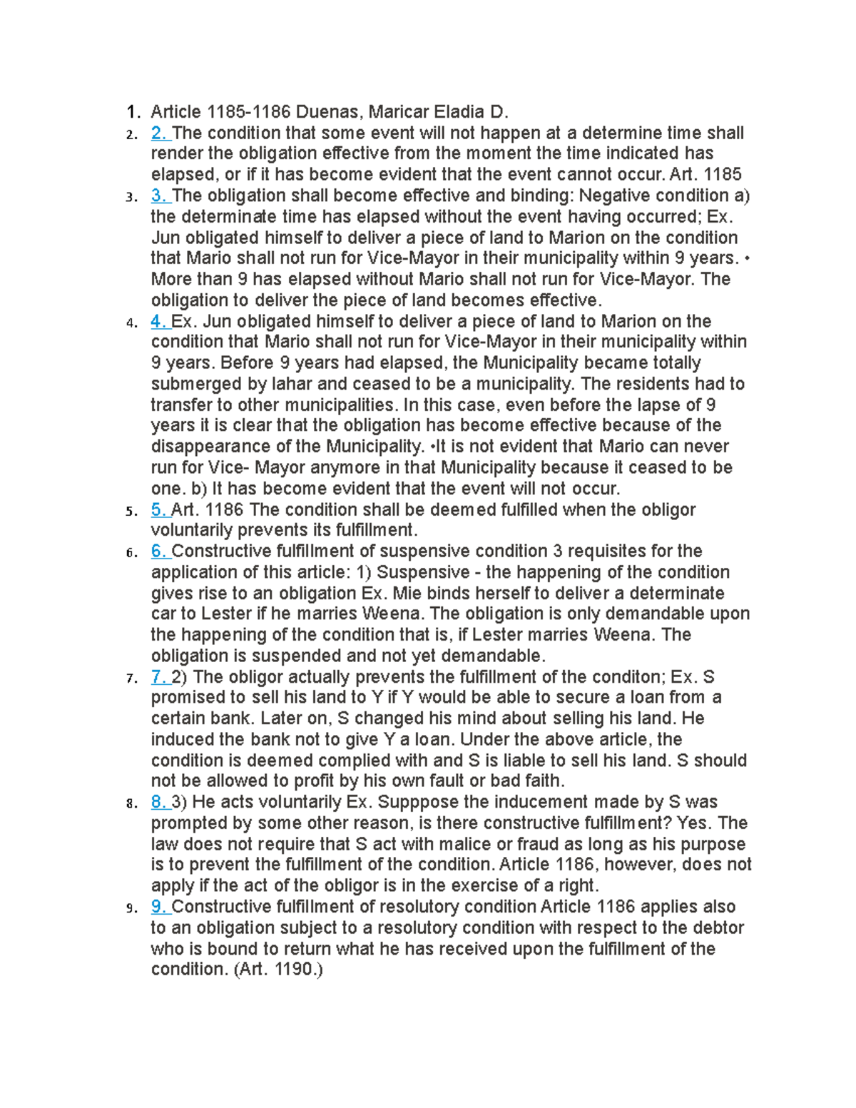 Article 1185 Notes - none - Article 1185-1186 Duenas, Maricar Eladia D ...