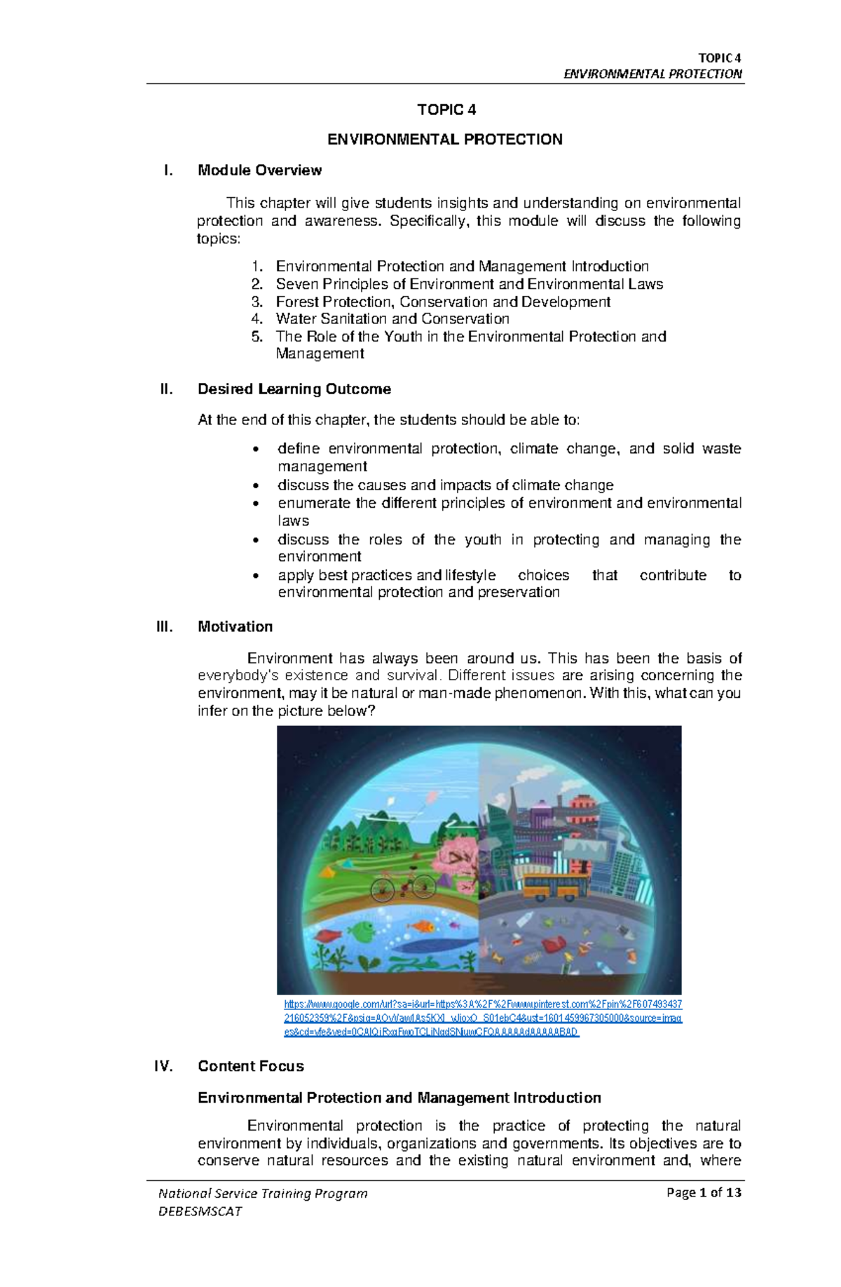 NSTP Common Module Topic 4 Environmental Protection - ENVIRONMENTAL ...