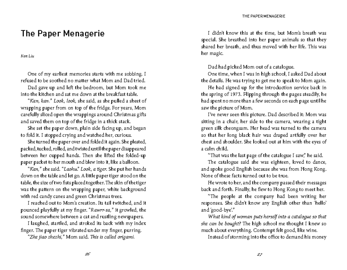 The-Paper-Menagerieby Ken Liu - THE PAPER MENAGERIE I didn’t know this ...