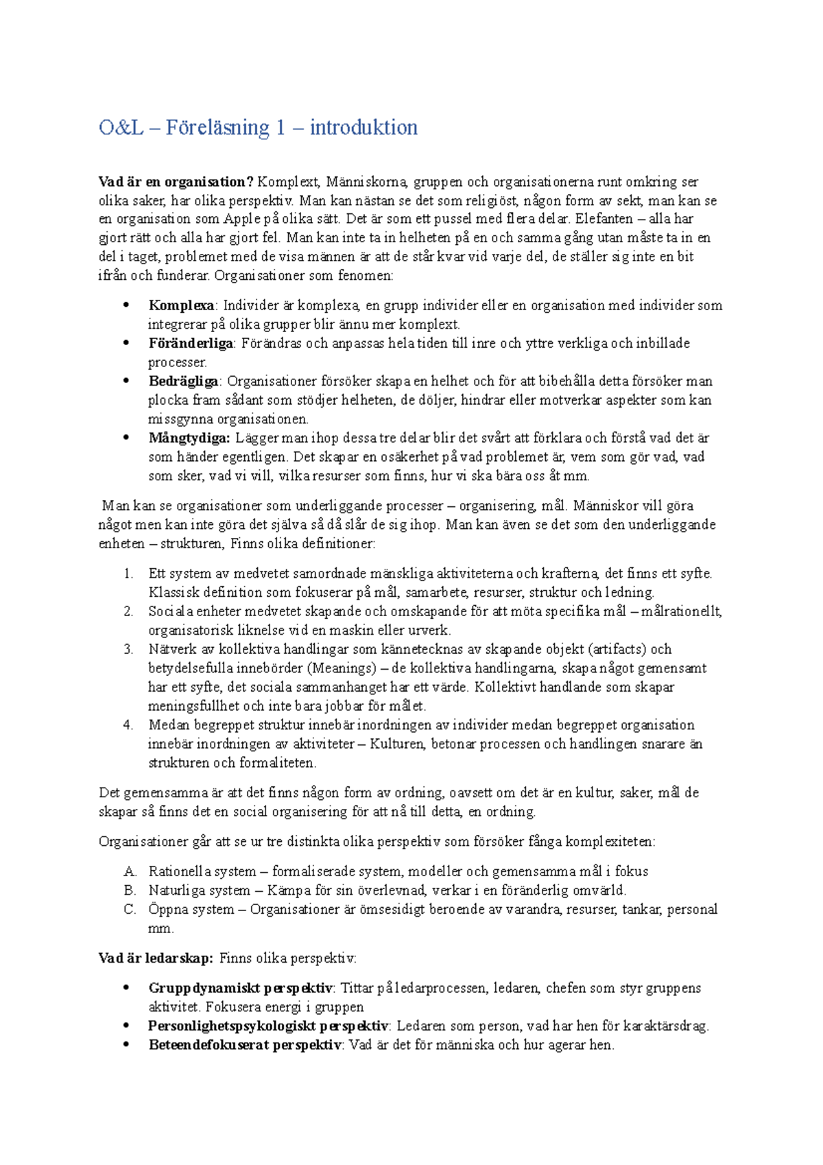 O&L - Föreläsning 1 - Introduktion - O&L – Föreläsning 1 – introduktion Vad är en organisation ...