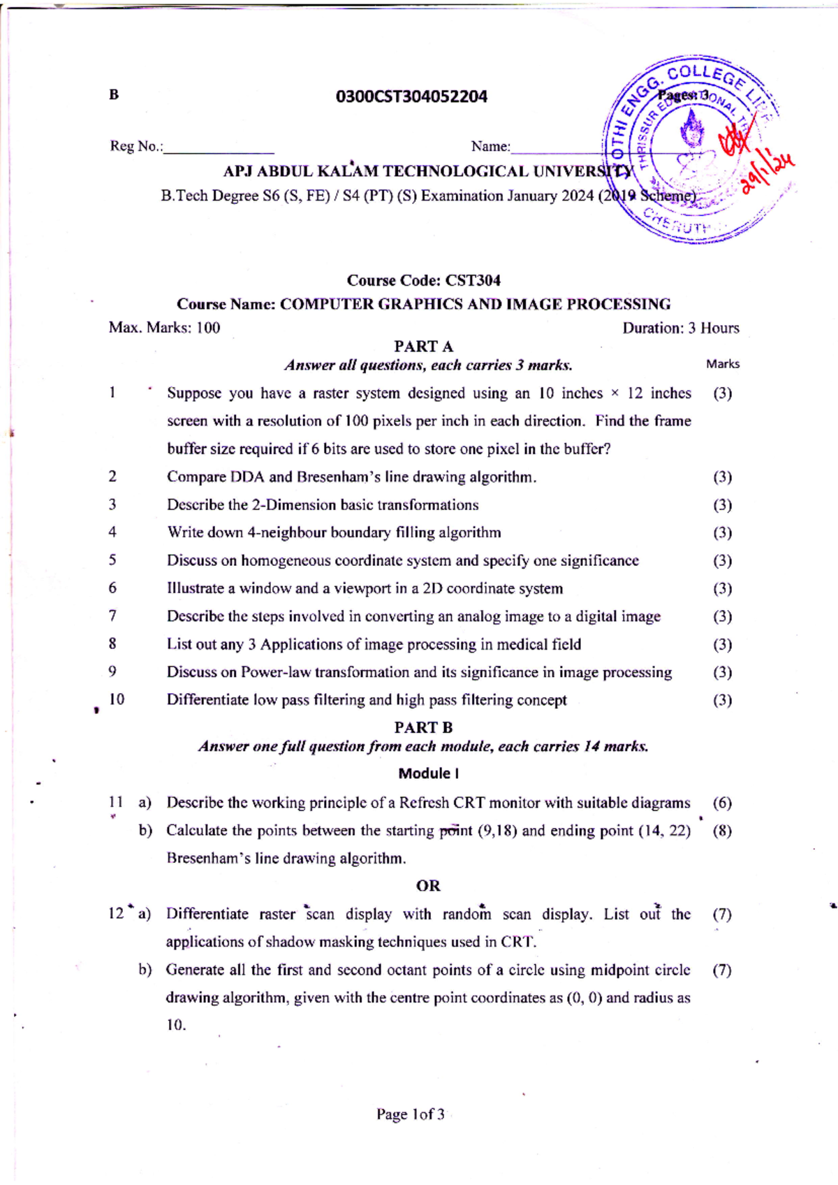 CST304 Computer Graphics AND Image Processing, January 2024 - B Reg No.: 0300csT Name: 2 a J 4 5 ...