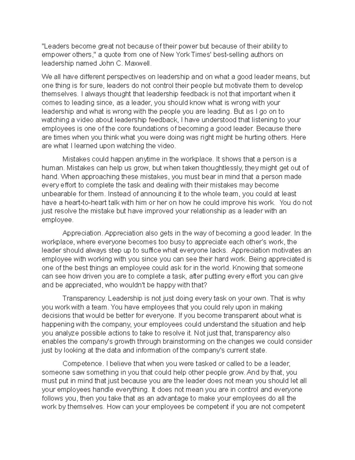 Reflection Paper on Leadership Feedbacks XANSVFJ ZBXC - "Leaders become ...