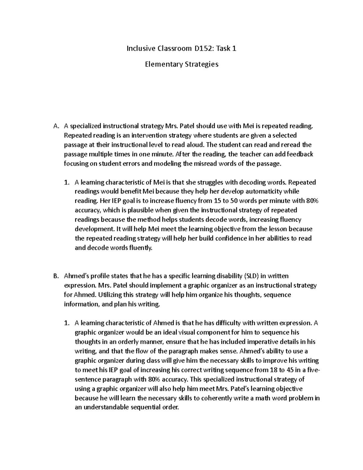 Inclusive Classroom D152 Task 1 - A specialized instructional strategy ...