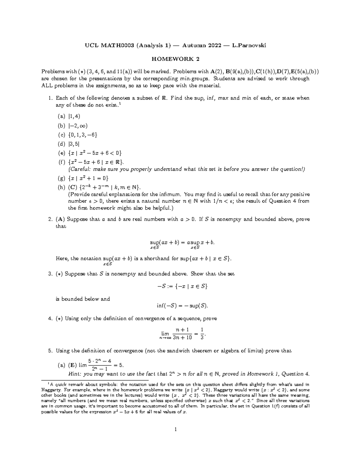 Hw2 22-23 - hw2 - UCL MATH0003 (Analysis 1) — Autumn 2022 — L HOMEWORK 2 Problems with (∗) (3, 4 ...