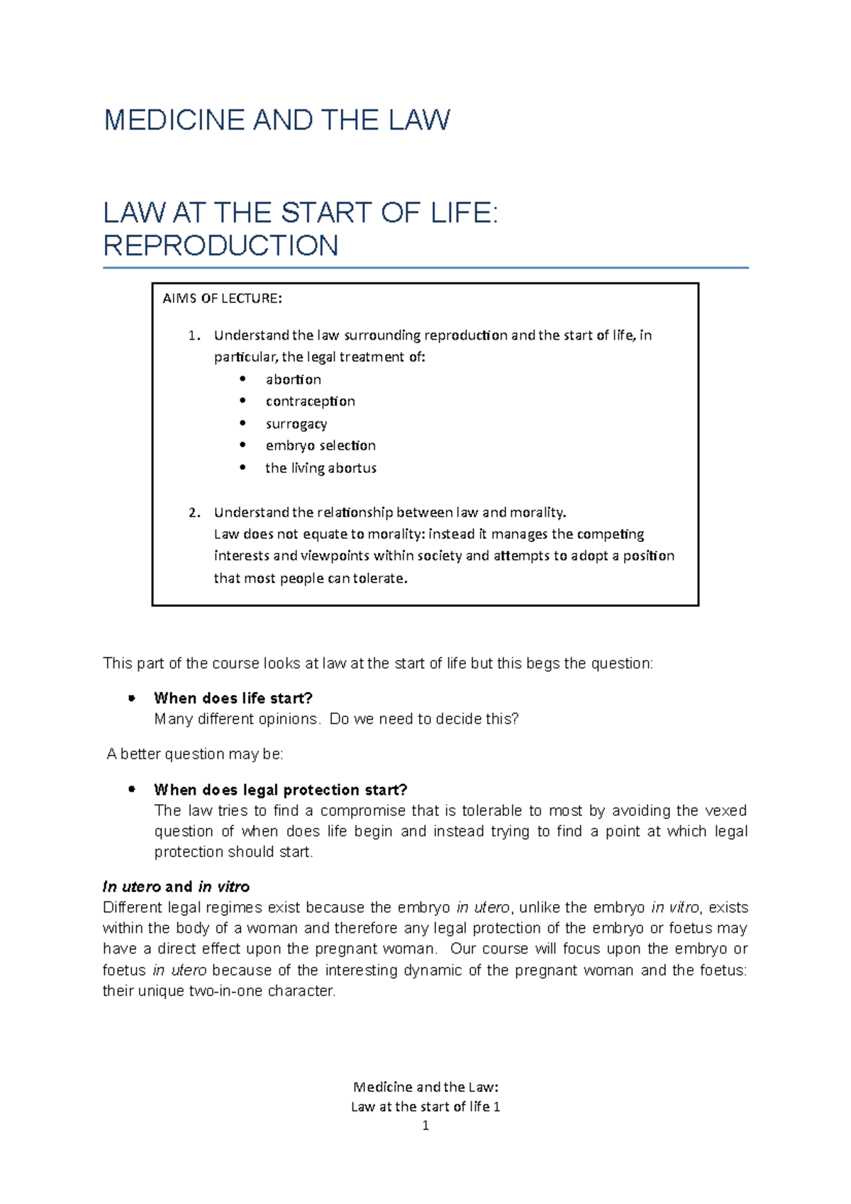 Medicine Week 7 Handout Law at the Start of Life - MEDICINE AND THE LAW ...