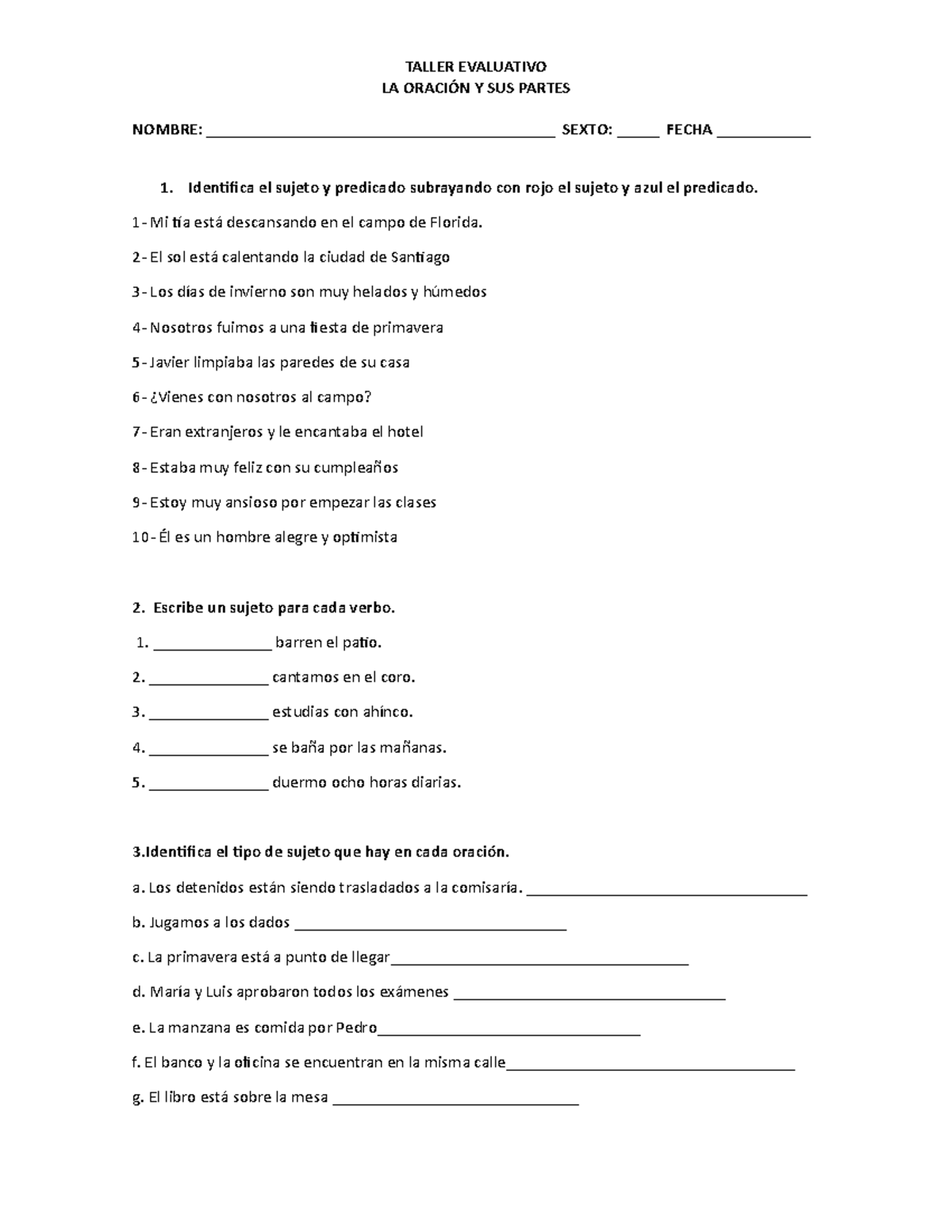 Ejercicios DE LA Oración - LA ORACIÓN Y SUS PARTES NOMBRE