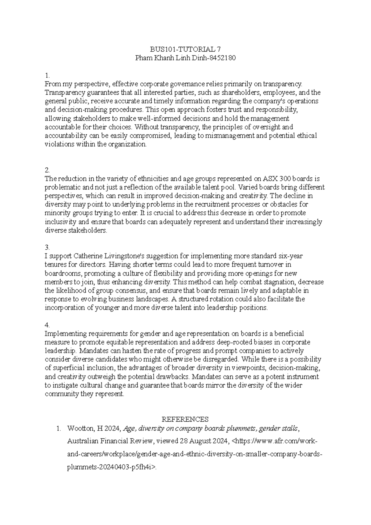 BUS101-tutorial 7 - tutorial 7 - BUS101-TUTORIAL 7 Pham Khanh Linh Dinh- 1. From my perspective ...