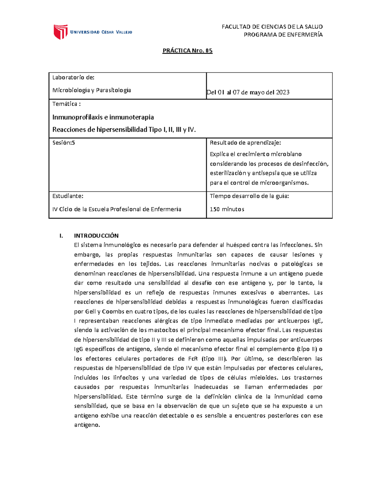 GUÍA DE Prácticas 5 2023-2 - PROGRAMA DE ENFERMERÕA PR¡CTICA Nro. 05 Laboratorio de ...