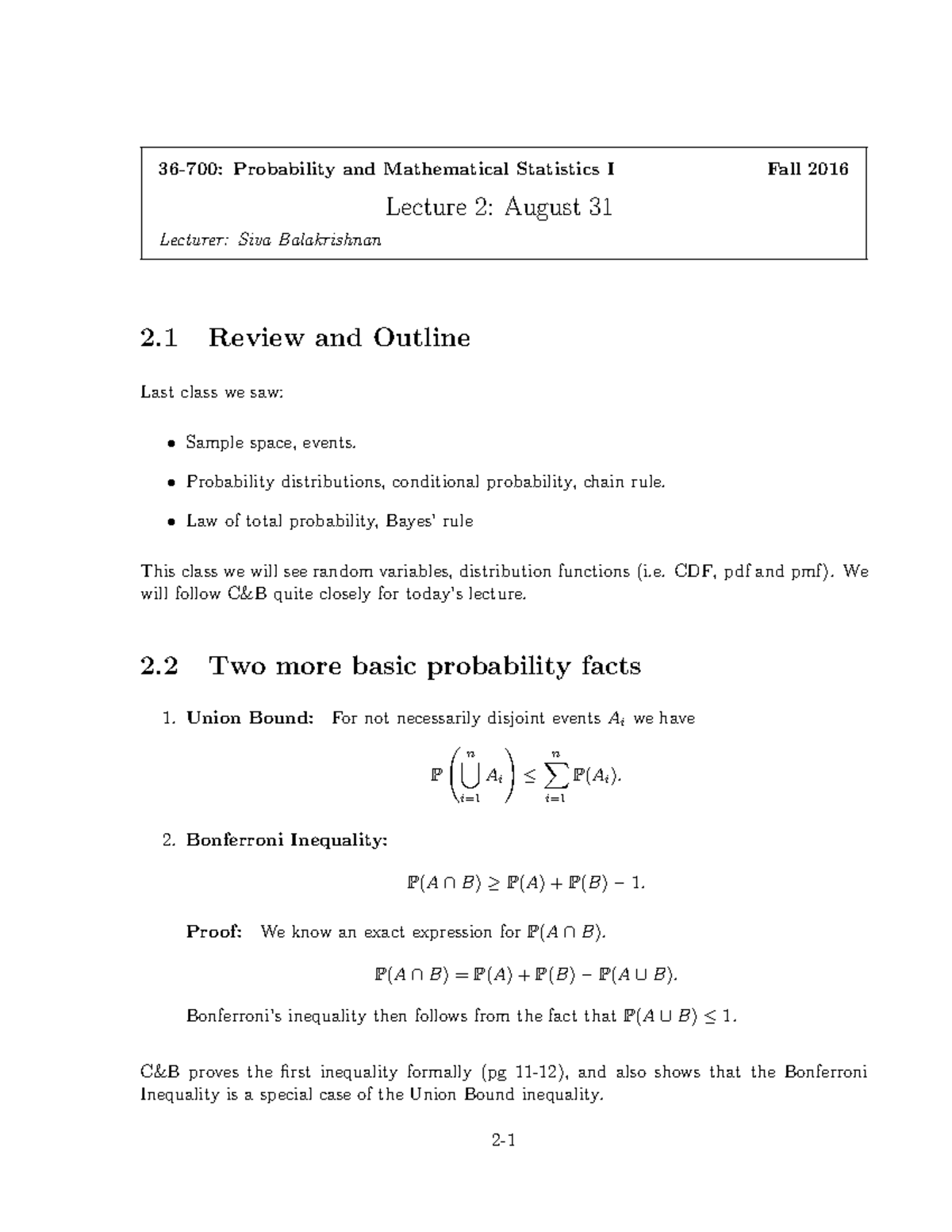 Lec2 - Lecture notes 2 - 36-700: Probability and Mathematical ...