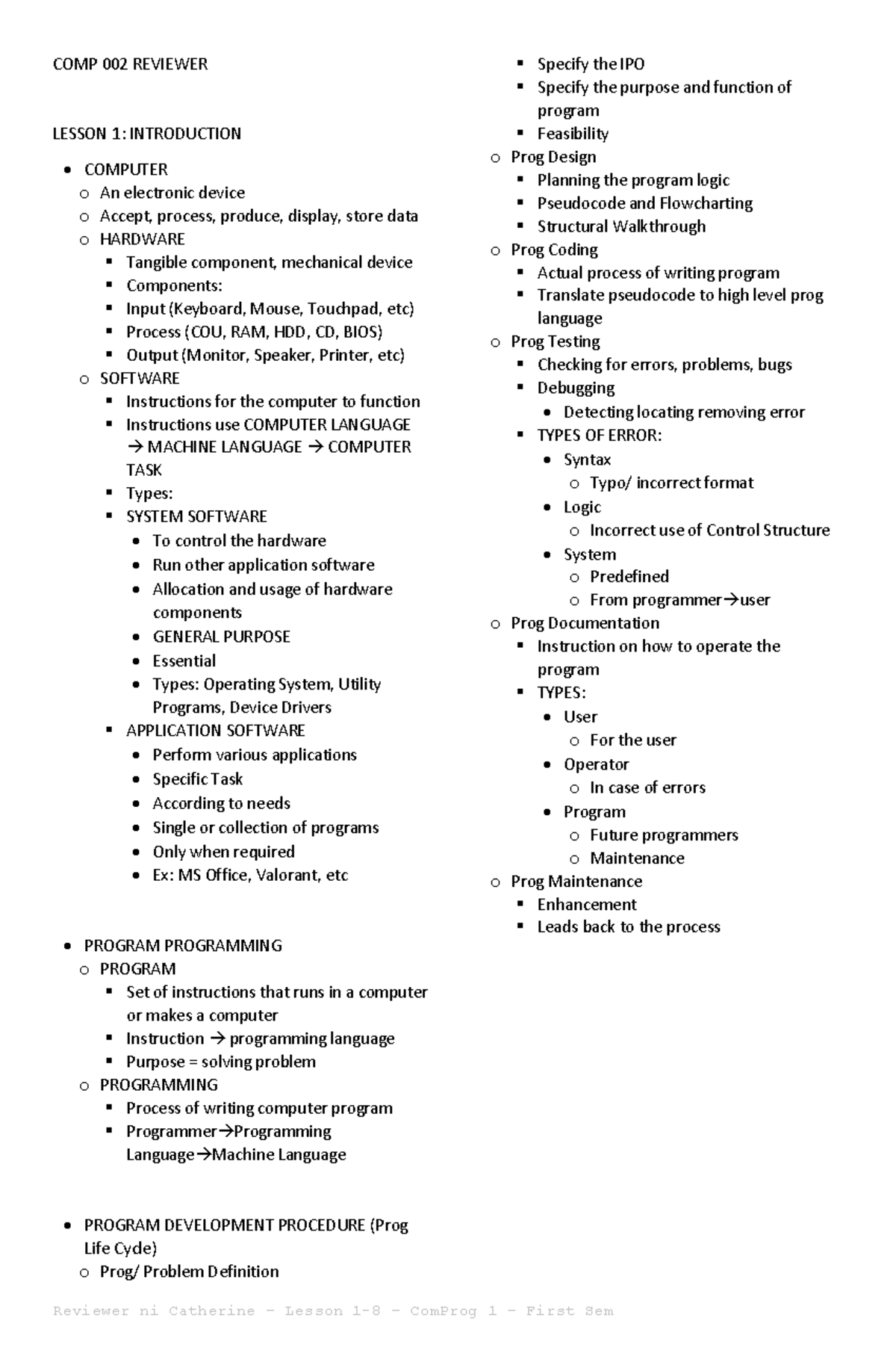 Comp 002 Reviewer Itc And Cp1 Notes Comp 002 Reviewer Lesson 1 Introduction Computer O An