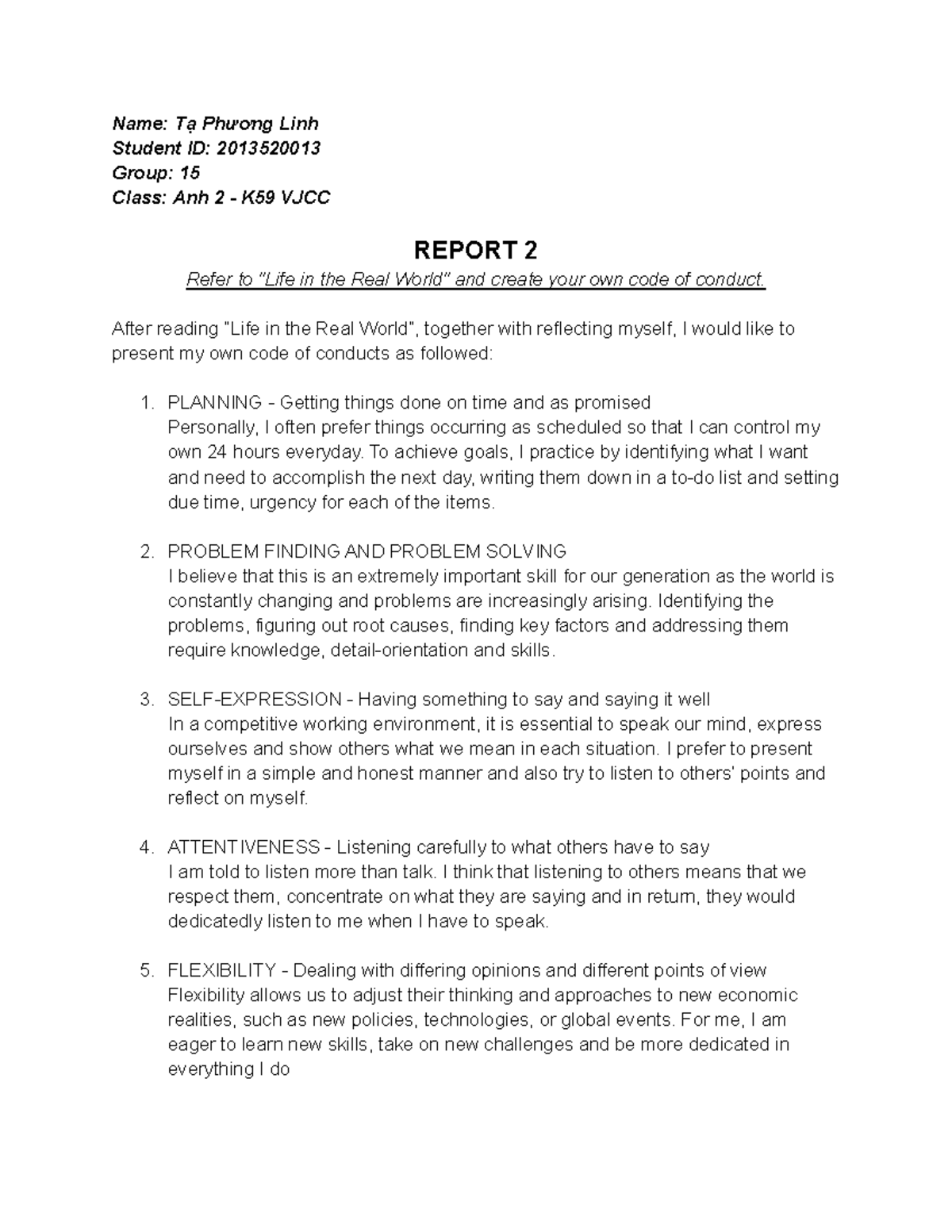 Report #2 - Name: Tạ Phương Linh Student ID: 2013520013 Group: 15 Class ...