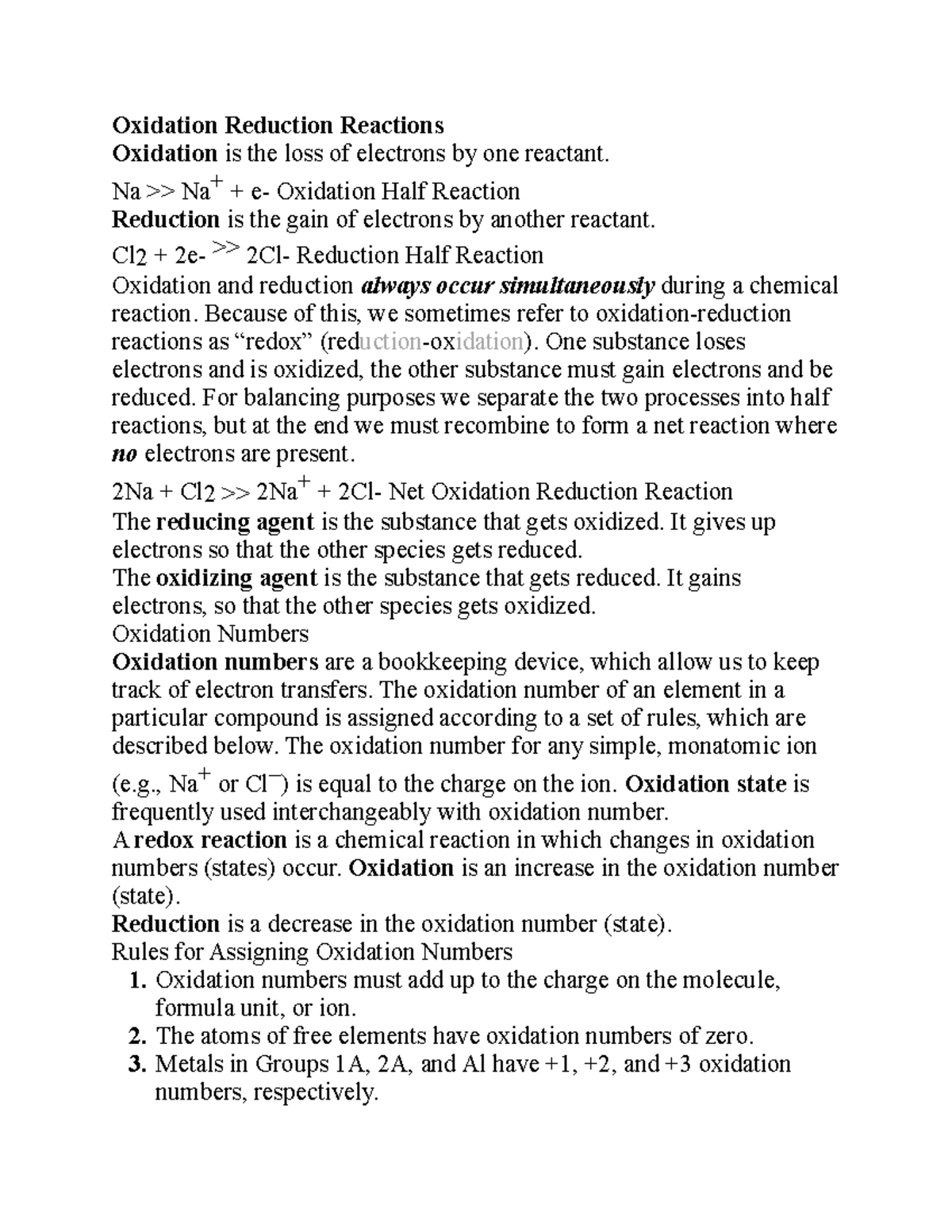 General Chemistry Lecture Notes - Oxidation Reduction Reactions ...