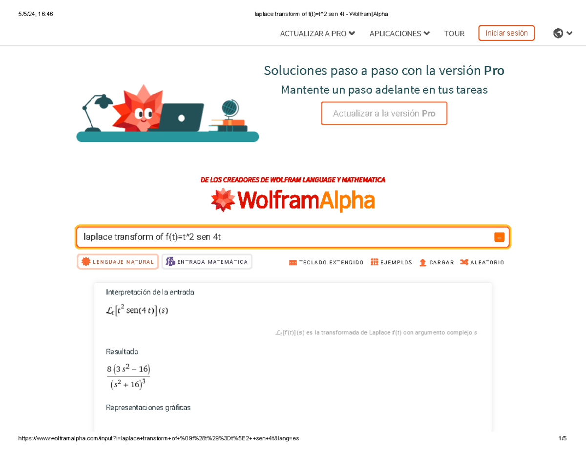 Laplace transform of f(t)=t^2 sen 4t - Wolfram Alpha - TECL A DO EXTEND IDO EJEMP LOS CARGAR ...