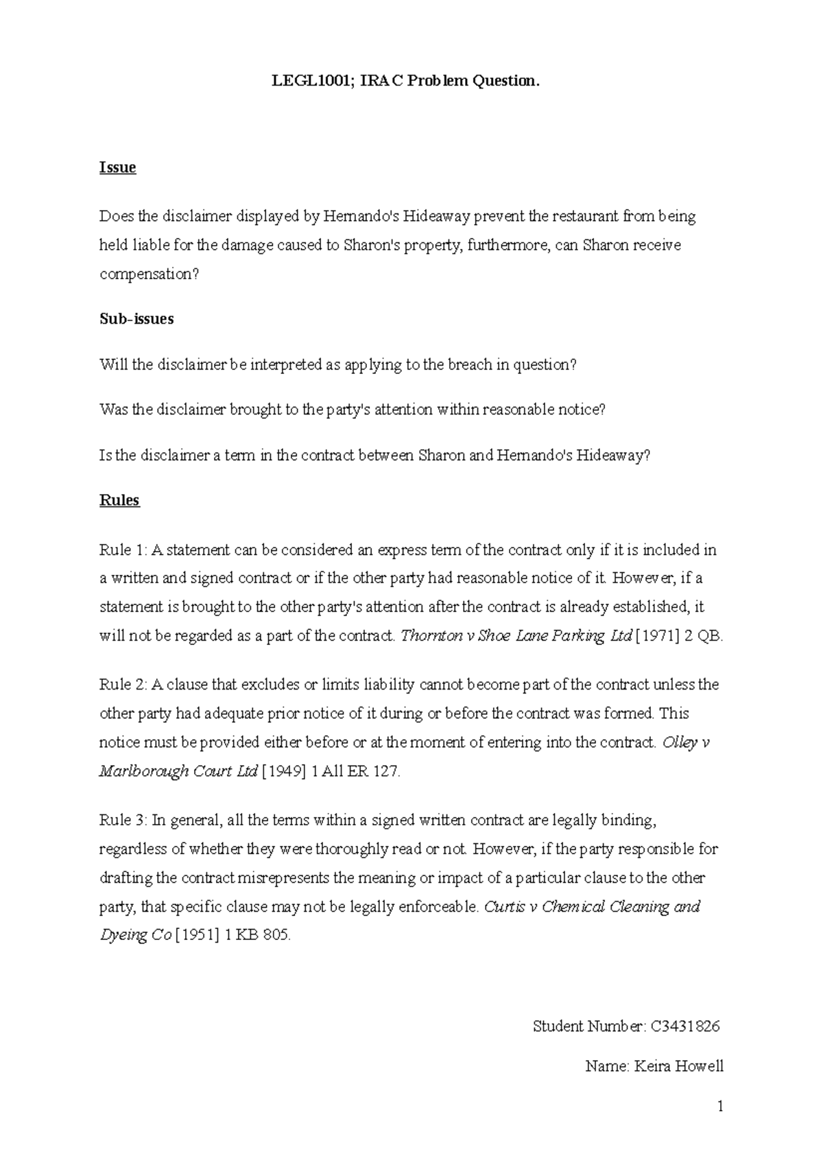 Irac C3431826 2 Irac Question Full Marks Legl1001 Irac Problem Question Issue Does The