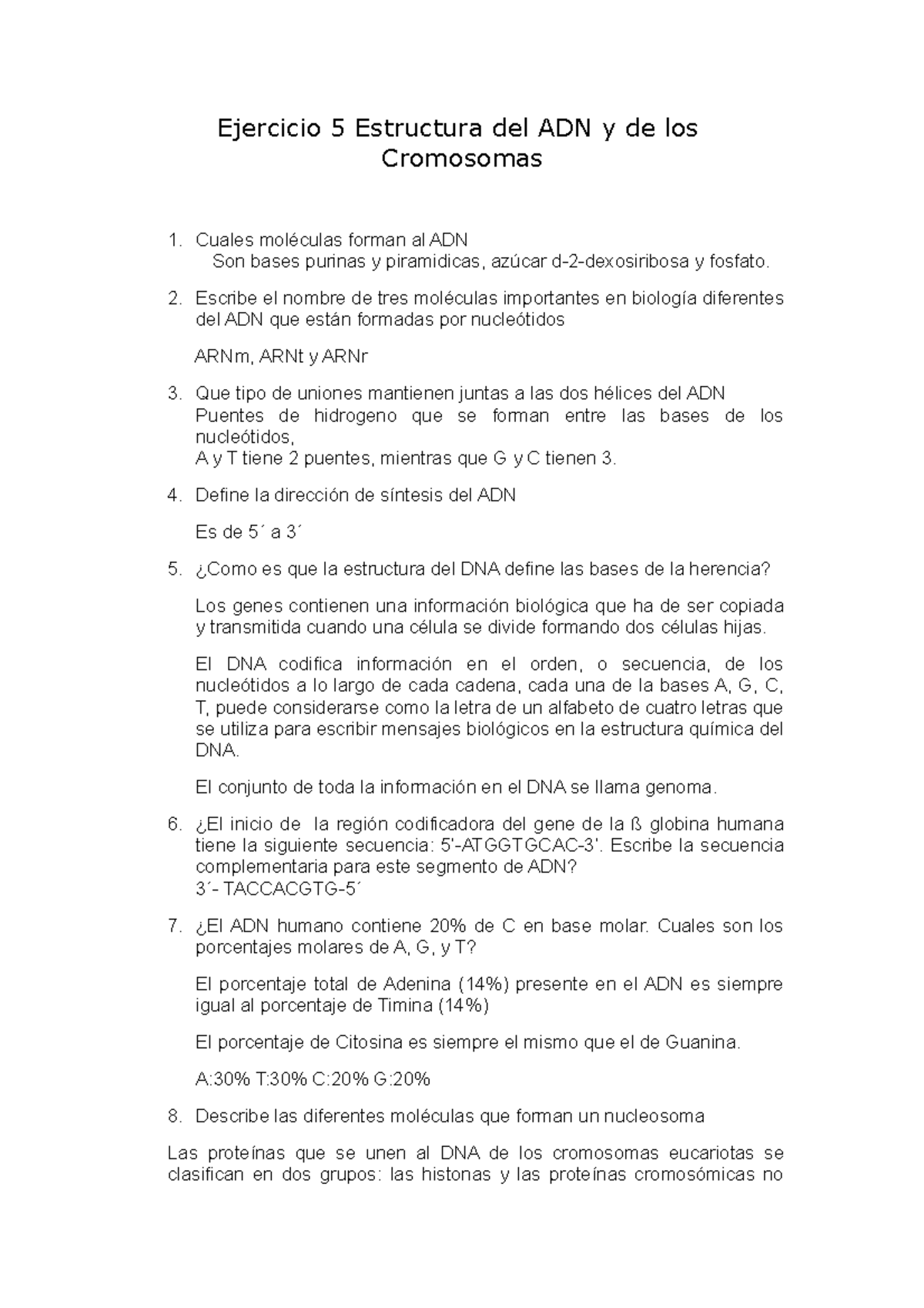 Ejercicio 5 Estructura del ADN contestado - Ejercicio 5 Estructura del ...