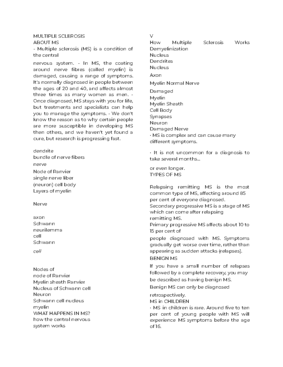 Handout for Multiple Sclerosis - MULTIPLE SCLEROSIS ABOUT MS Multiple ...