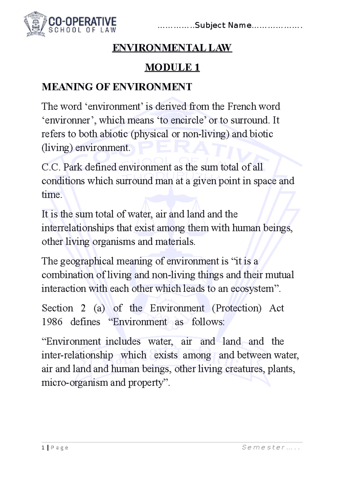 Environmental Protection- Intro - ENVIRONMENTAL LAW MODULE 1 MEANING OF ...