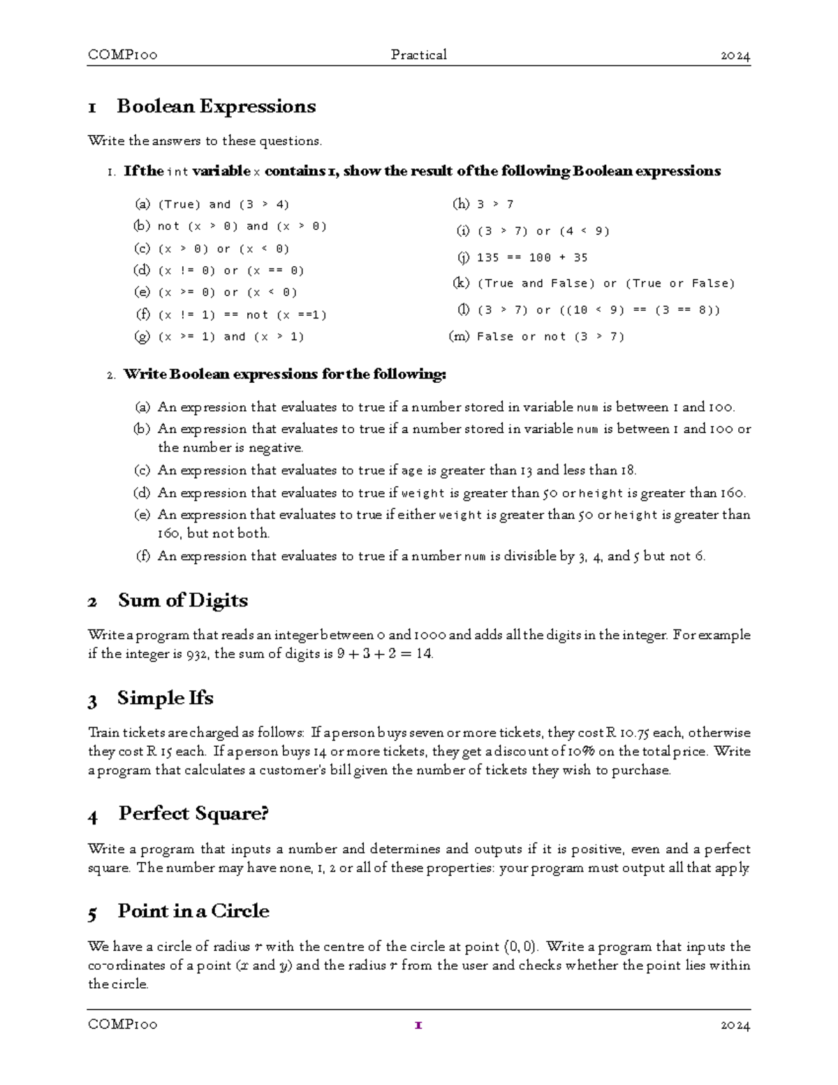 Practical Two 1fb05932222352 aa4f4e4e6fcce443f3 - COMP100 Practical 2024 1 Boolean Expressions ...