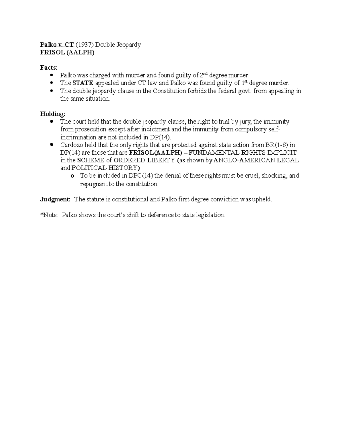 Constitutional Law - Prof. Shields 2 - Palko v. CT (1937) Double ...