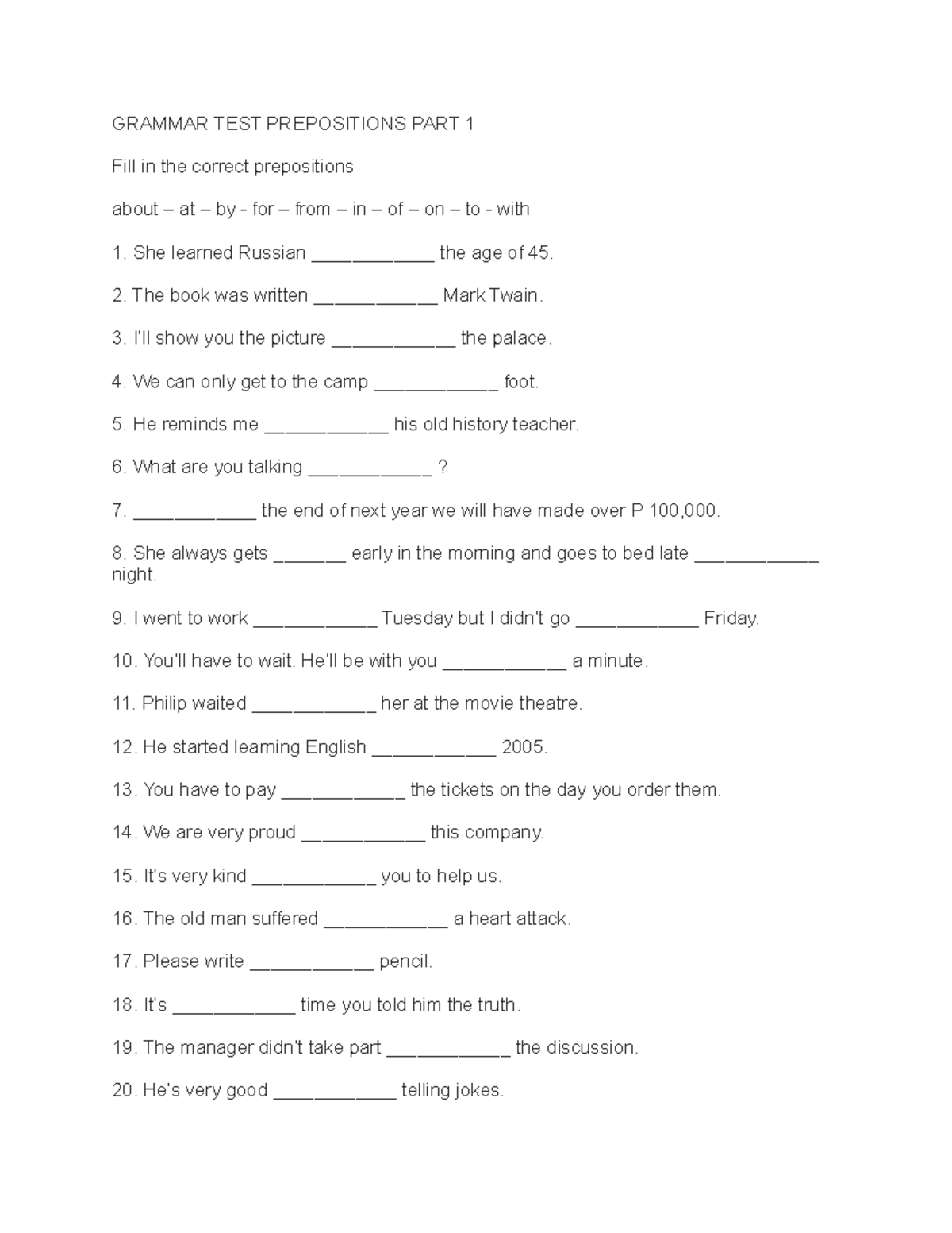 Grammar TEST Prepositions PART 1 - GRAMMAR TEST PREPOSITIONS PART 1 ...