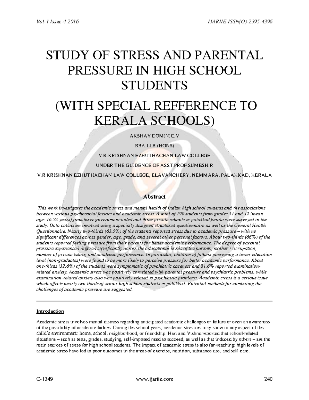 Study OF Stress AND Parental Pressure IN HIGH School Students WITH ...
