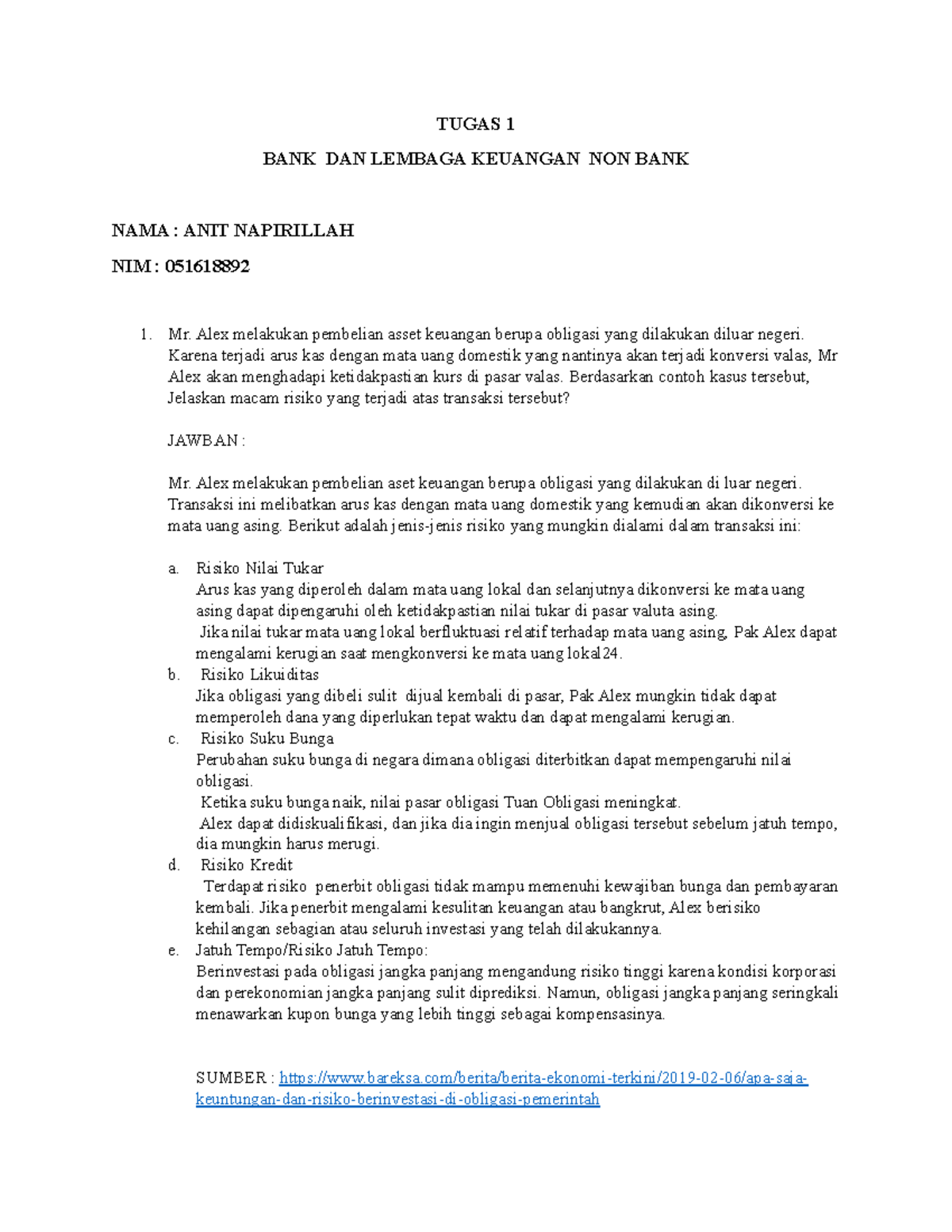 ANIT Napirillah Tugas 1 BANK DAN Lembaga Keuangan NON BANK 051618892 - TUGAS 1 BANK DAN LEMBAGA ...