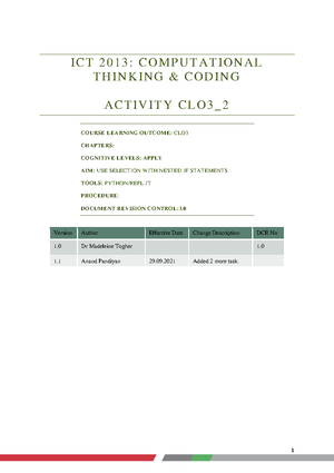 CLO1 - Week 01 Lab 1 - ICT 2013: COMPUTATIONAL THINKING & CODING ACTIVITY 1 COURSE LEARNING ...