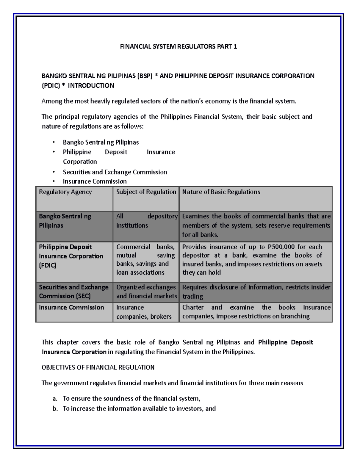 Financial System Regulators PART 1 - FINANCIAL SYSTEM REGULATORS PART 1 ...