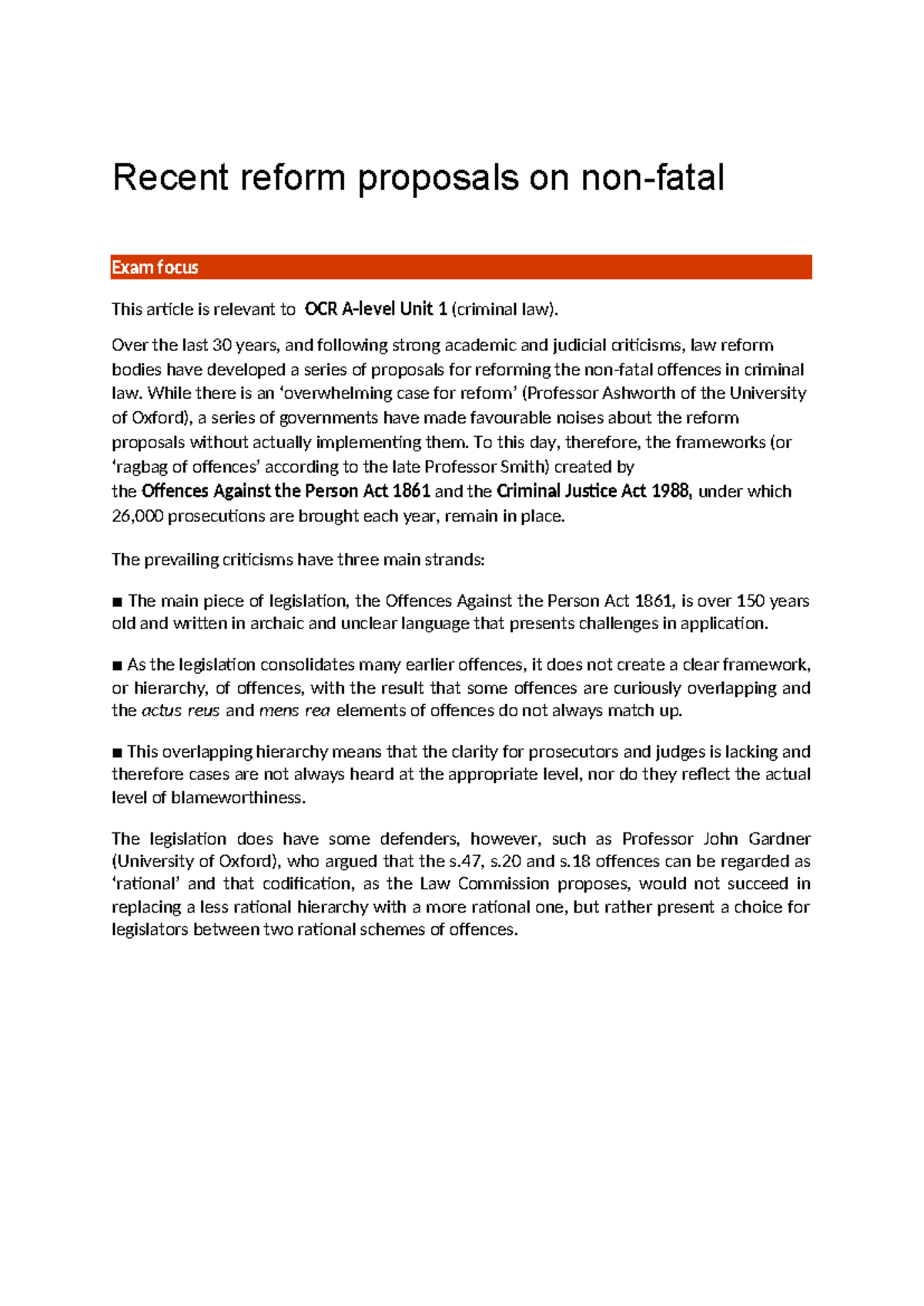 Recent reform proposals on non fatal offences - Recent reform proposals ...