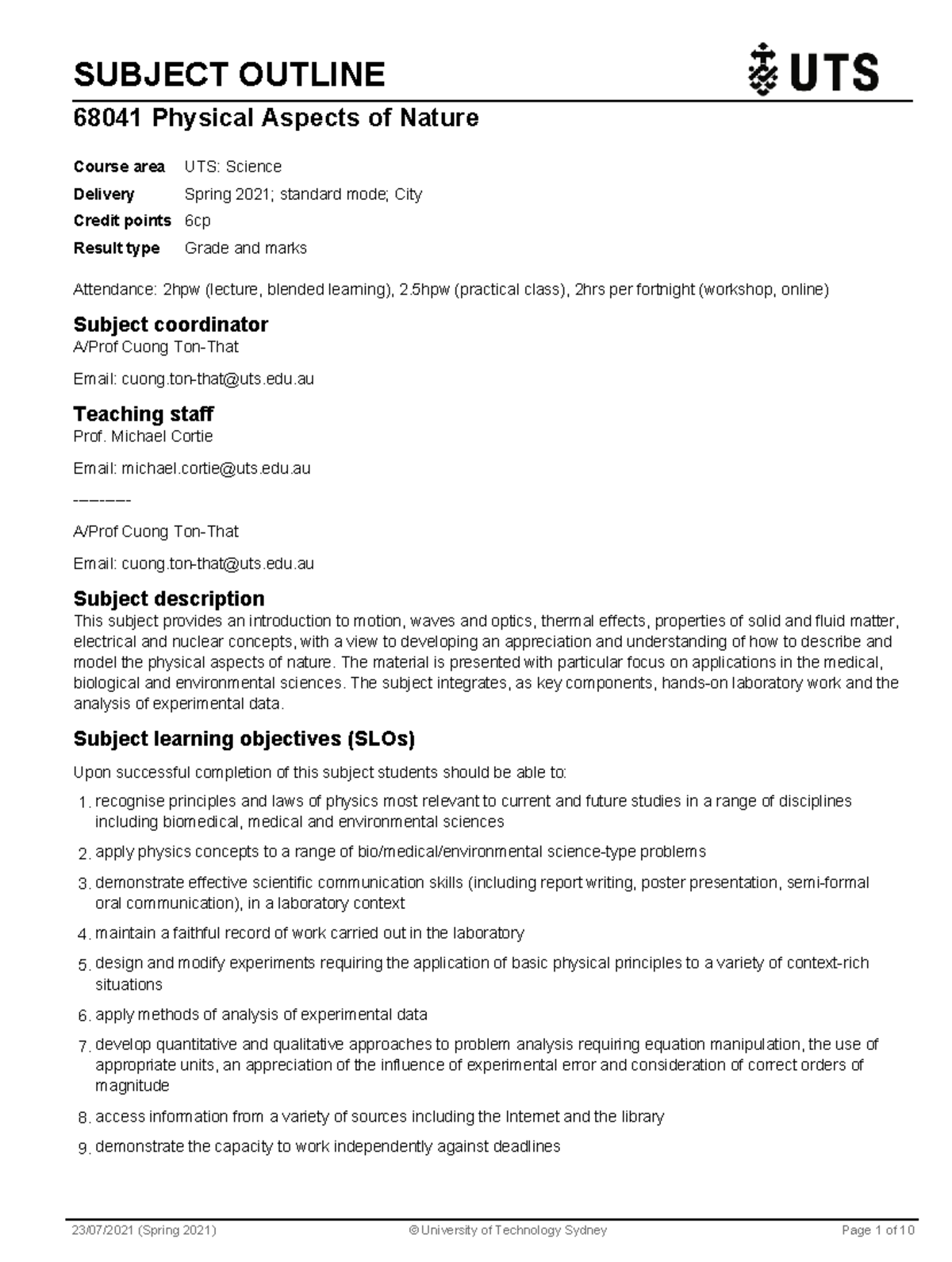 Subject Outline - 68041 2021 Spring Session - SUBJECT OUTLINE 68041 ...