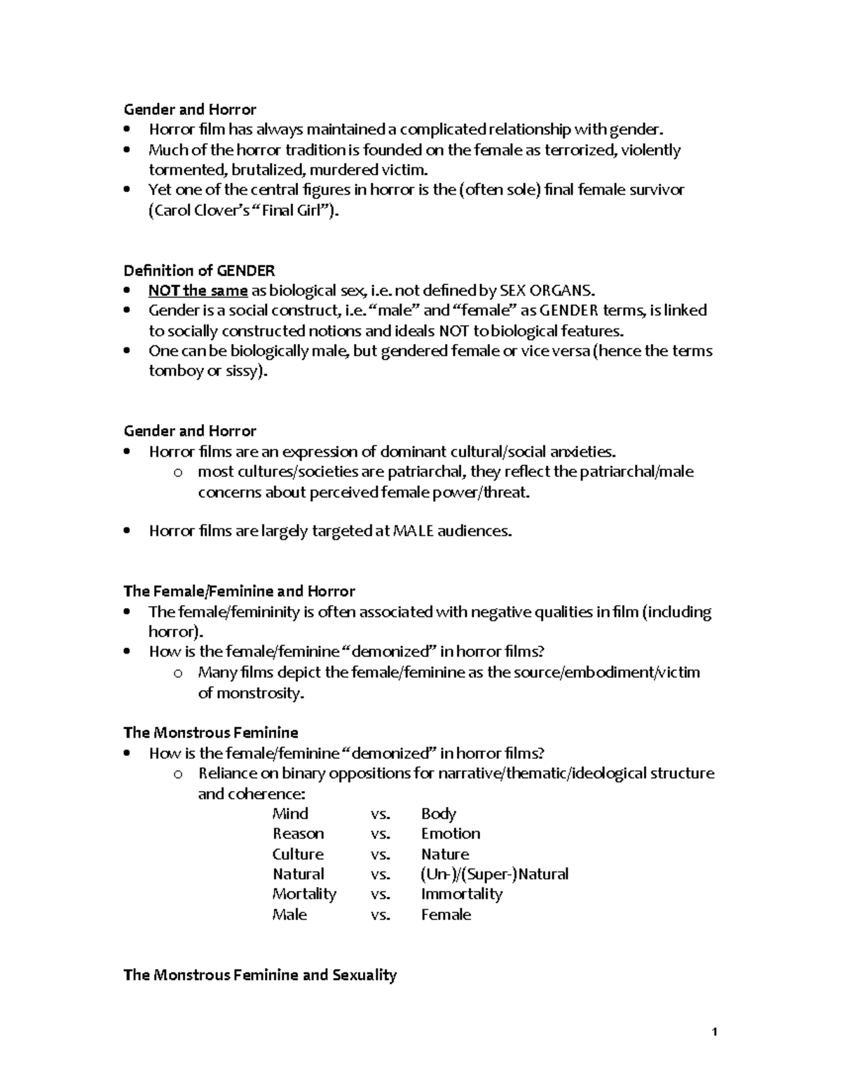 L9 gender & sexuality - Lecture notes 9 - Gender and Horror Horror film ...