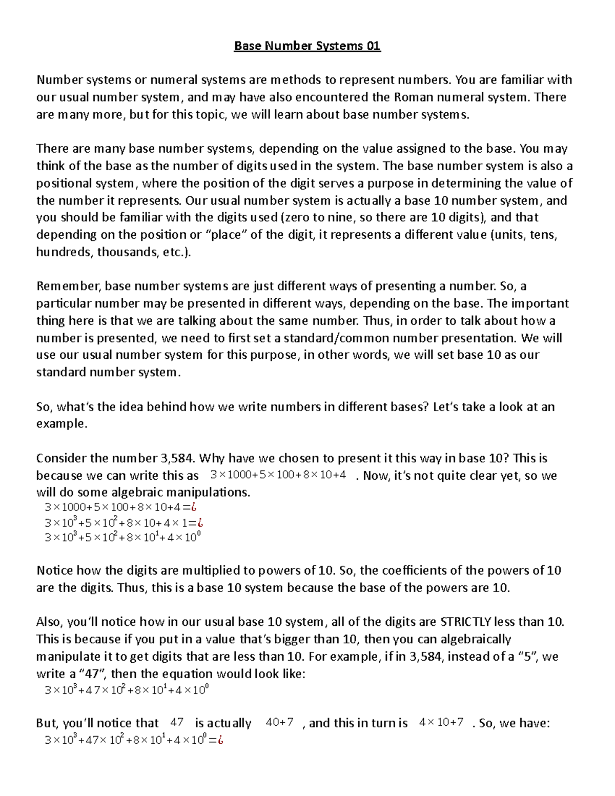 Base Number Systems 01 You Are Familiar With Our Usual Number System